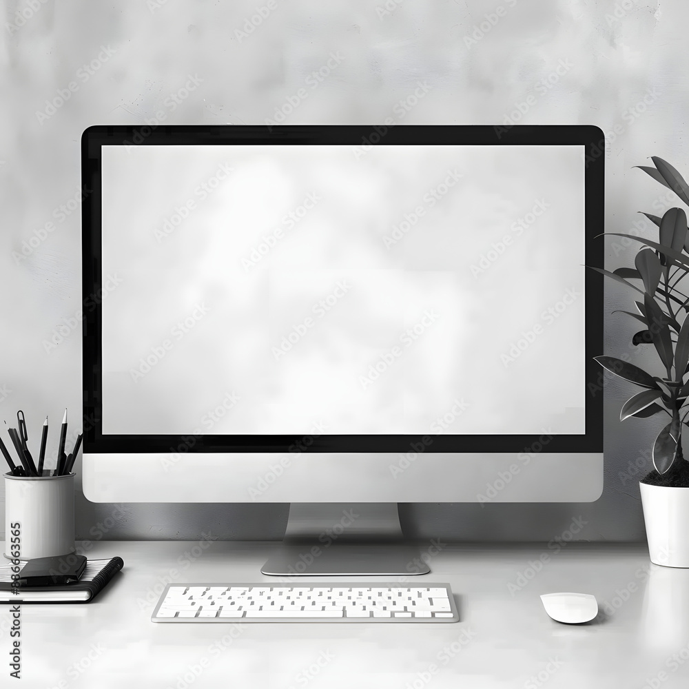 a computer with a white-screen mockup and office supplies on a desk in ...
