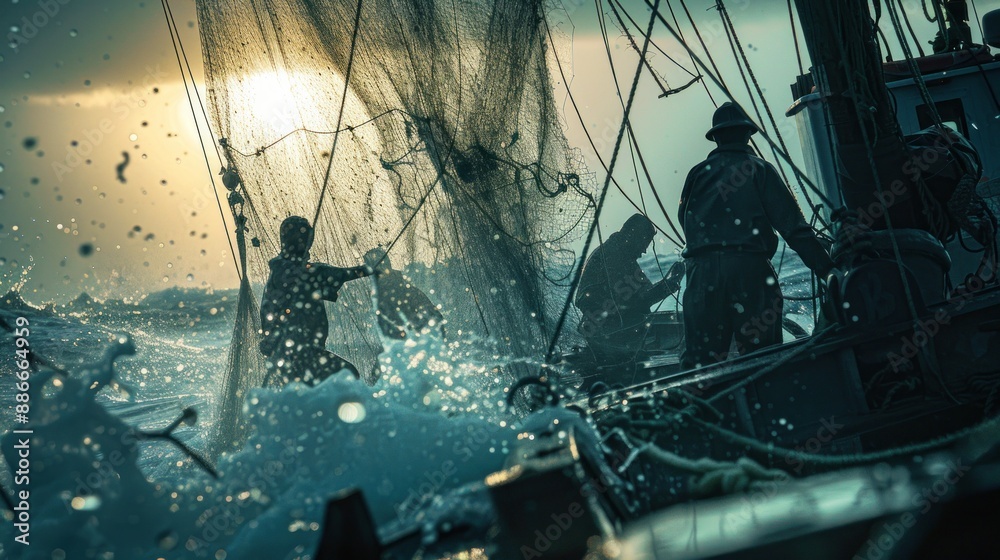 This image shows sailors on a fishing boat sailing in the sea with the ...