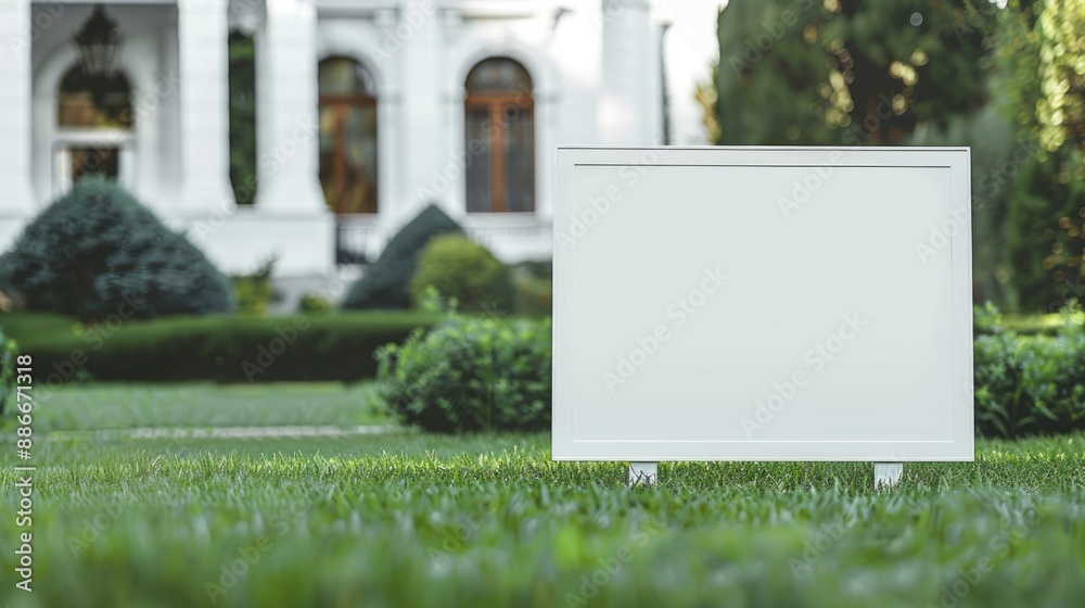 A blank yard sign sits on a lush lawn, ready for a message. Background ...