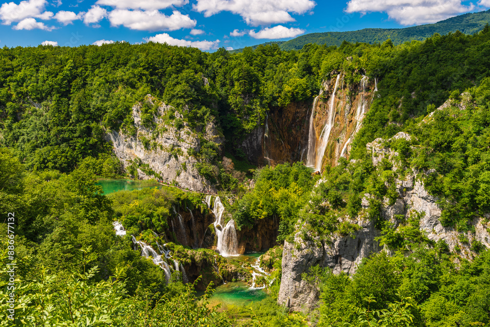 Landscape with cascading waterfalls. Big waterfall. Square frame ...
