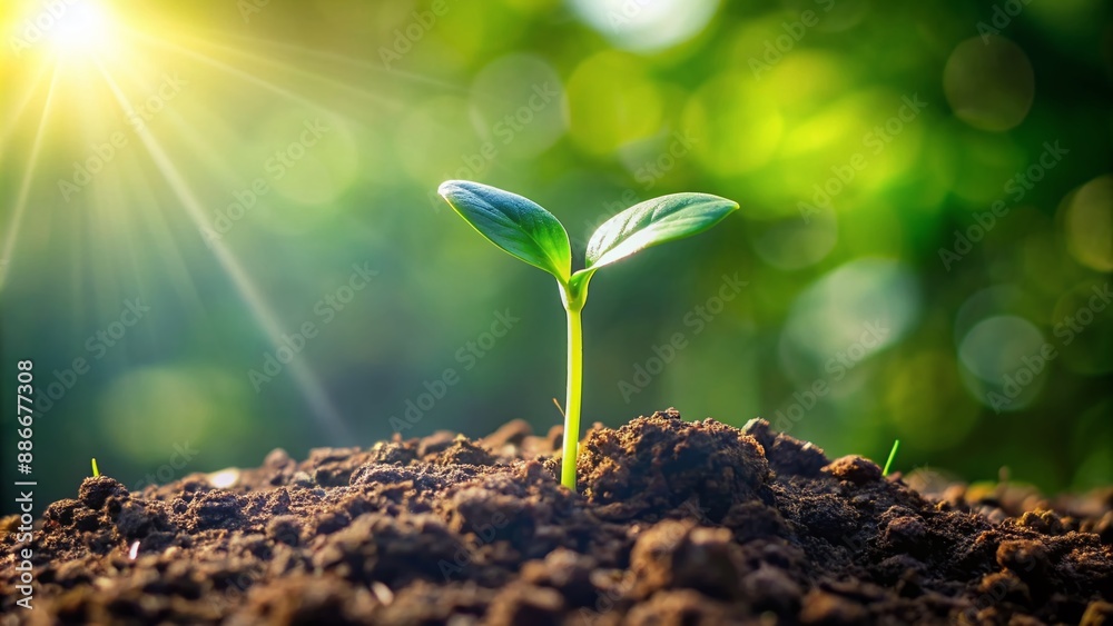 Delicate green sprout emerges from rich earth, unfurls tender stem and ...