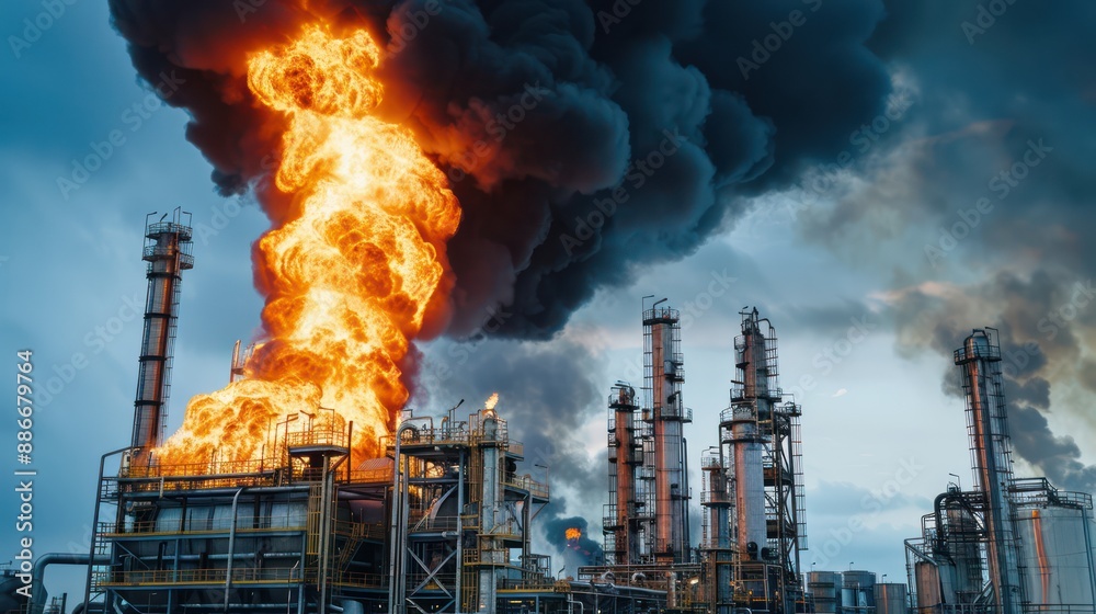 Huge flames and black smoke explode in an oil refinery factory building ...