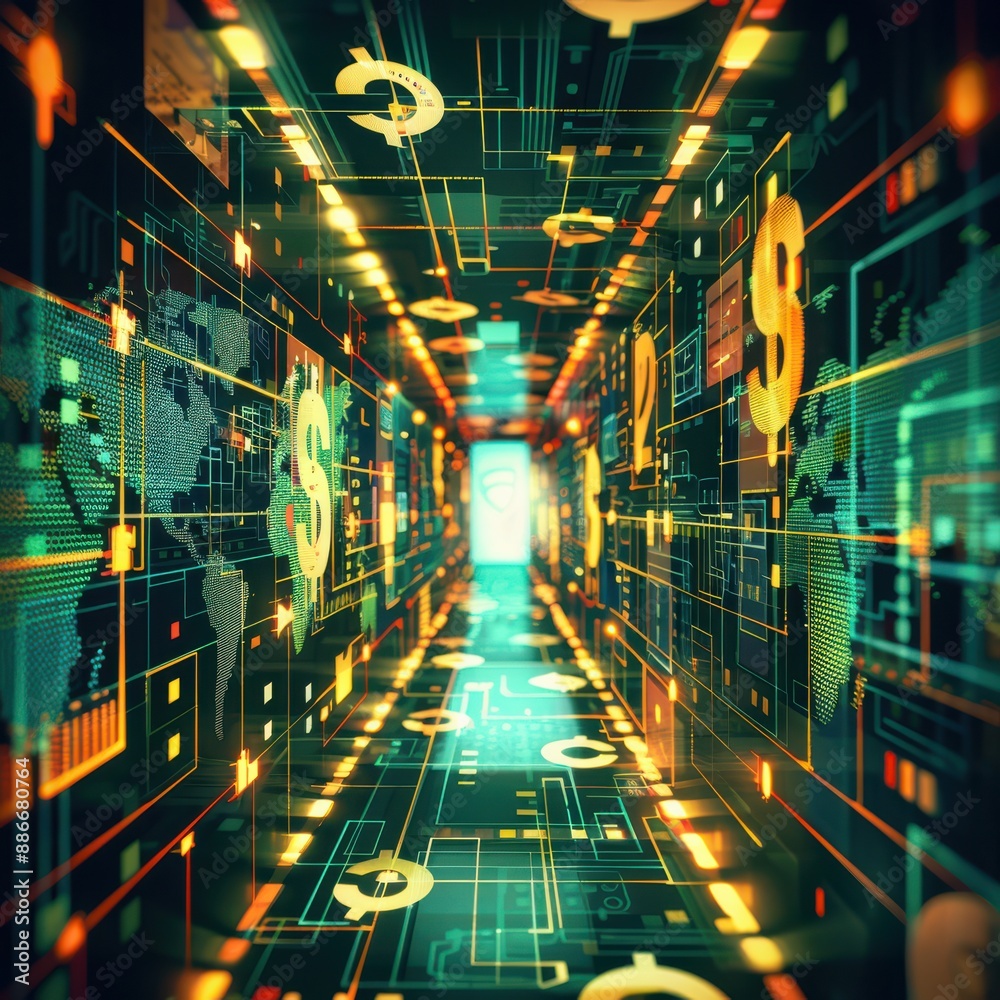 High-tech gateway with circuit patterns and currency symbols, virtual ...