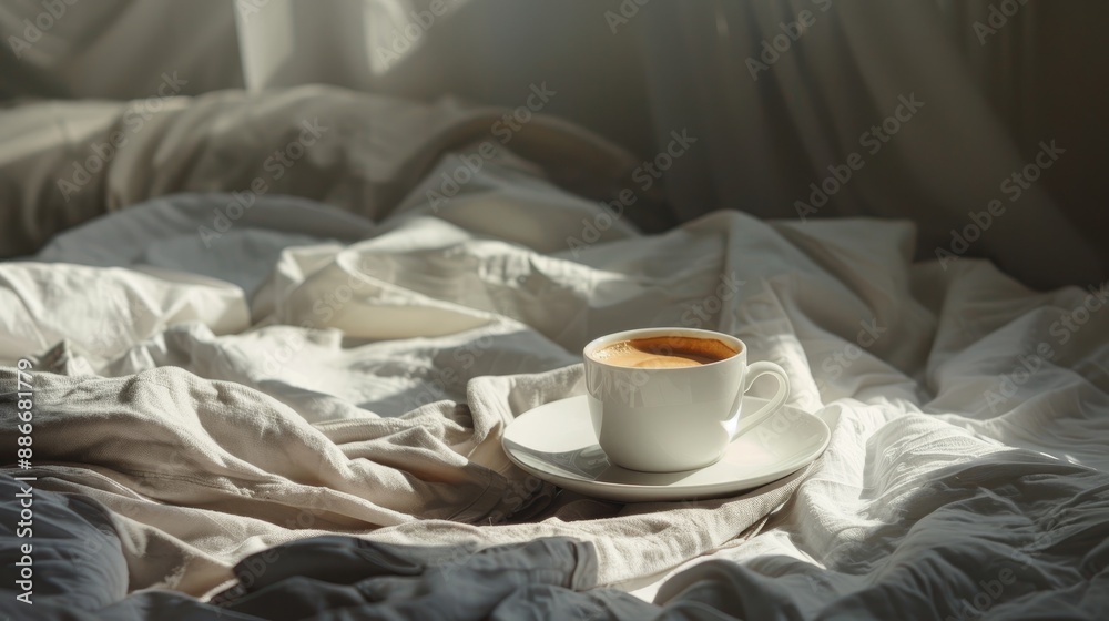 Coffee with milk on bed with grey sheets Morning coffee idea Sunday ...