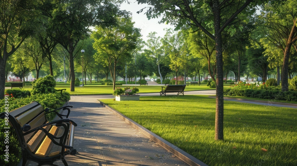 Generate a photo realistic image of urban parks and green spaces ...