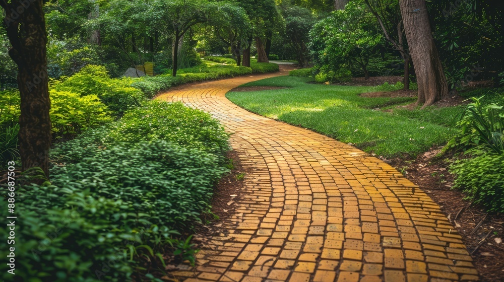 Circular golden brick path in a lush garden park, ideal for peaceful ...