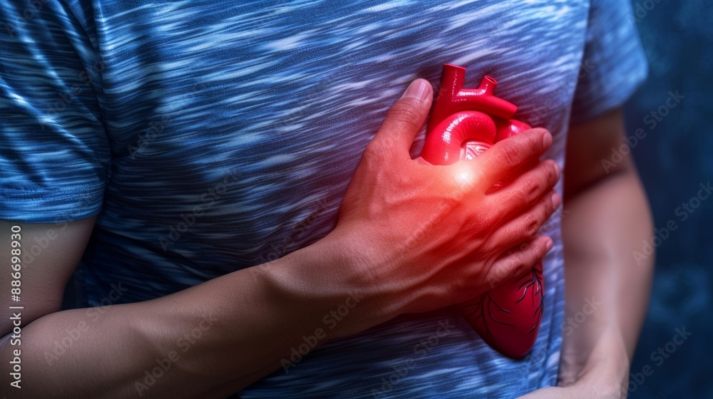 hand hold chest with heart attack symptoms, man have chest pain caused ...