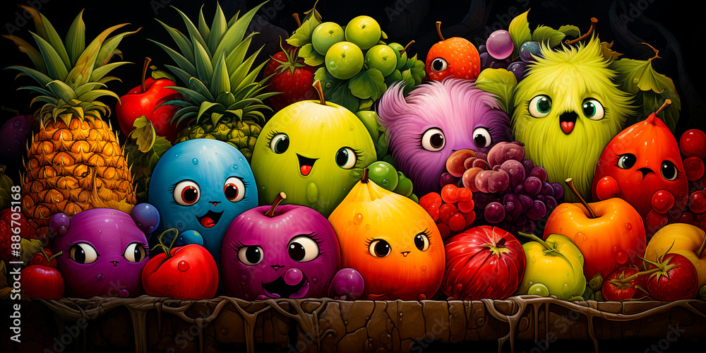 Fruit characters with exaggerated expressions of horror, disgust and ...