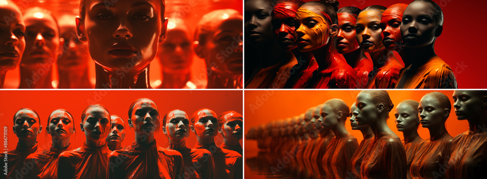 collage of 4 photos. Unique and creative face painting on a colored ...