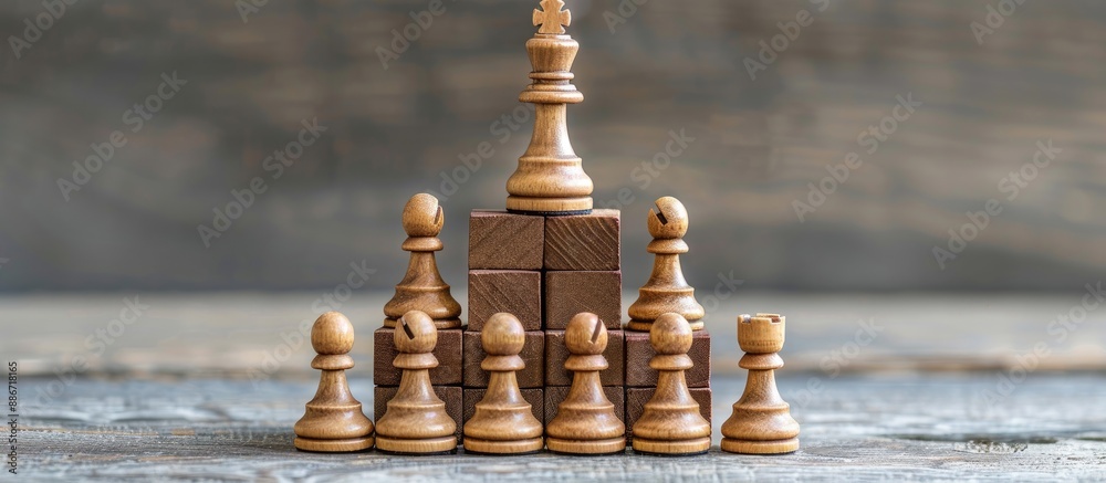 Chess pieces displaying a strategic hierarchy on a pyramid of wooden ...
