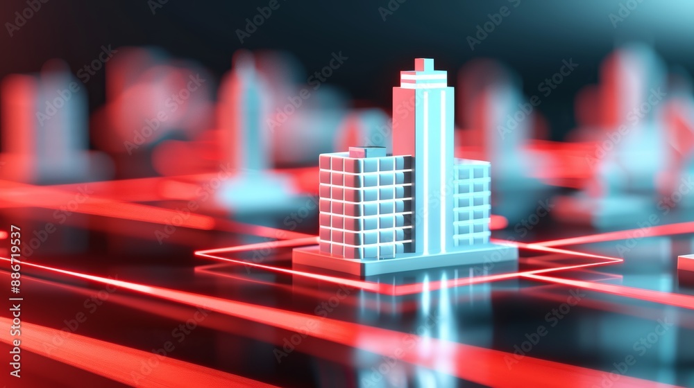 Futuristic urban planning in 3D CAD, highlighted commercial high-rise ...