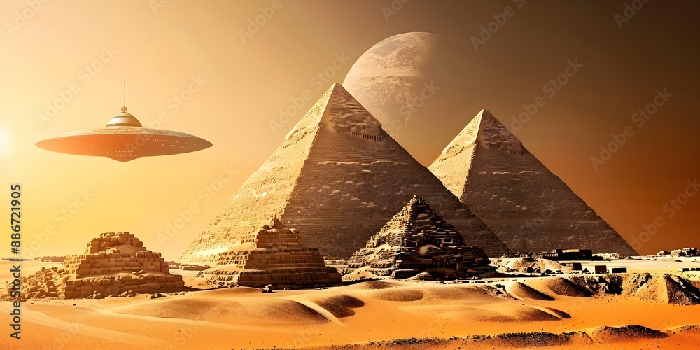 Egyptian pyramids with a hovering UFO casting a shadow hinting at ...