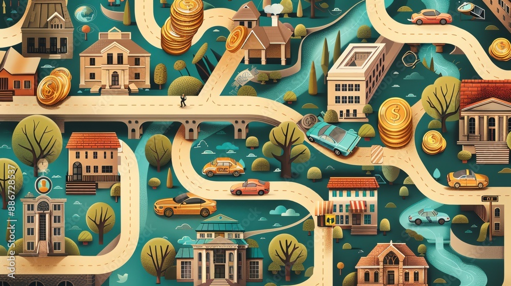 Illustration of a mind map with symbols of wealth like gold bars ...