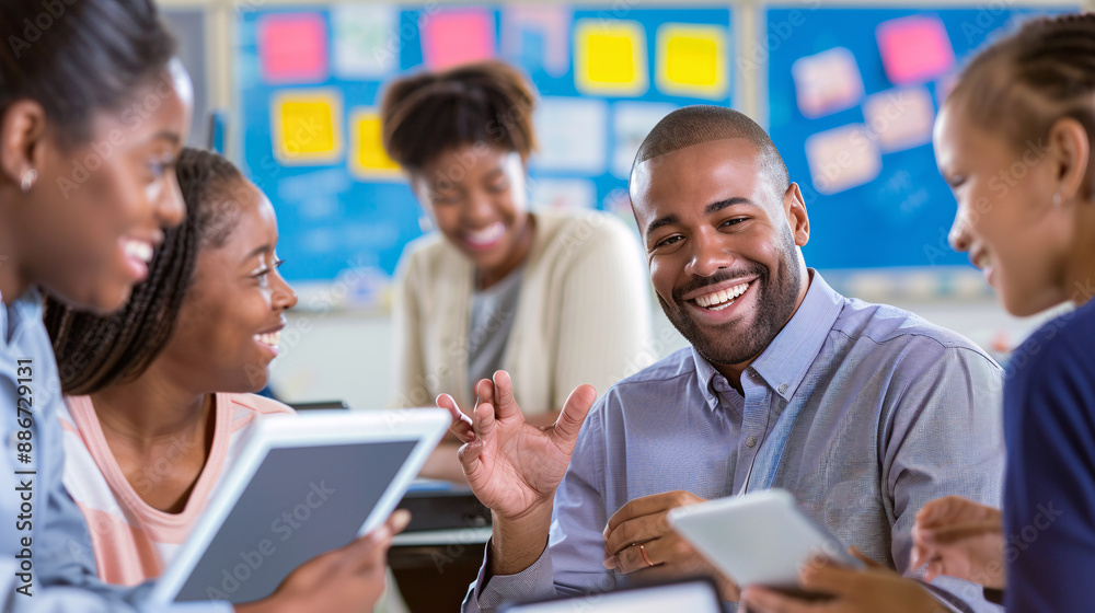 Smiling male and female educators sharing teaching strategies using ...