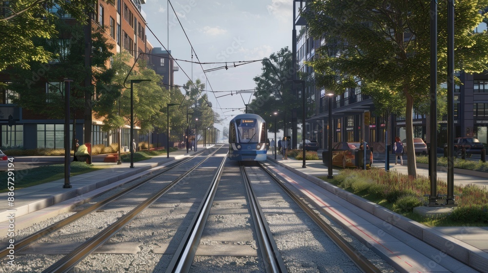 Generate a photo realistic image of transit-friendly urban layouts with ...