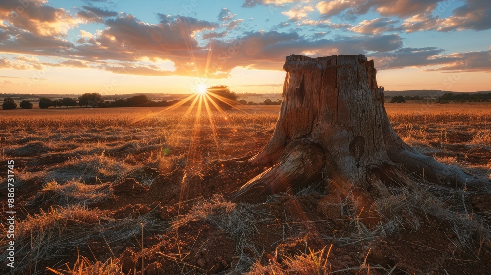 Large tree stump is illuminated by the setting sun on a hot summer day ...