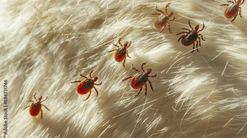 Several ticks of Ixodes ricinus and Rhipicephalus sanguineus crawl on a ...