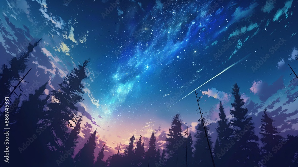 A beautiful night sky with a bright star and a shooting star. Anime ...