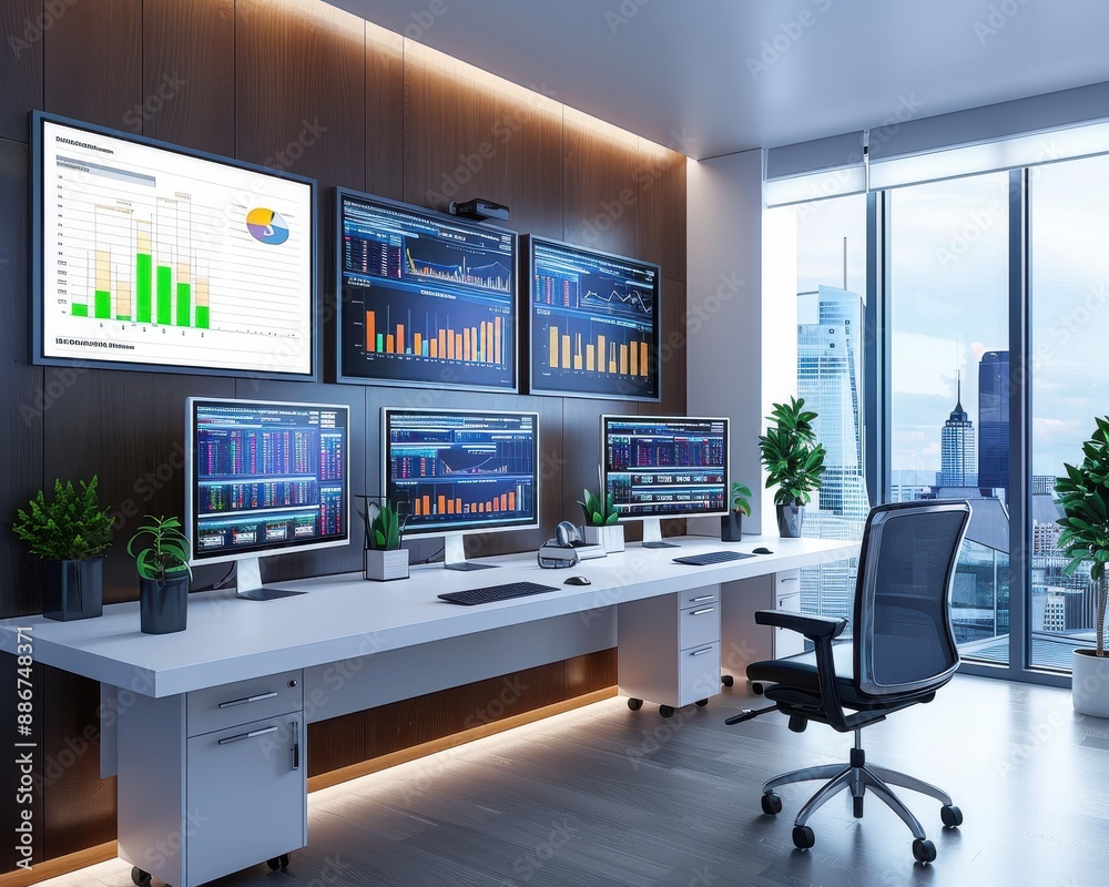 Modern strategy room with financial dashboards and capital planning ...