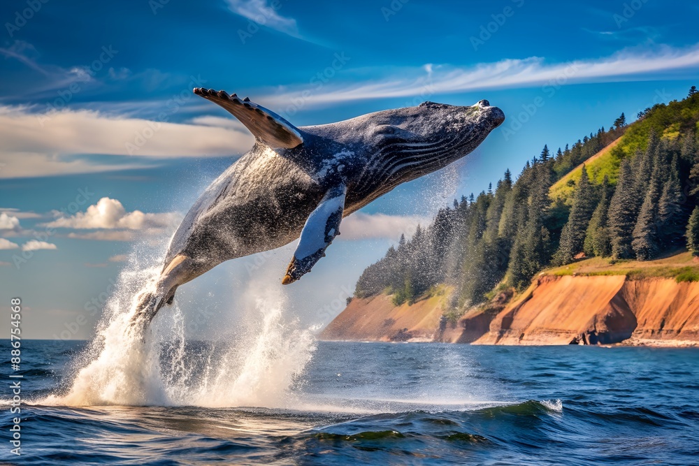Humpback whale breaching in the Bay of Fundy, creating splash in the ...