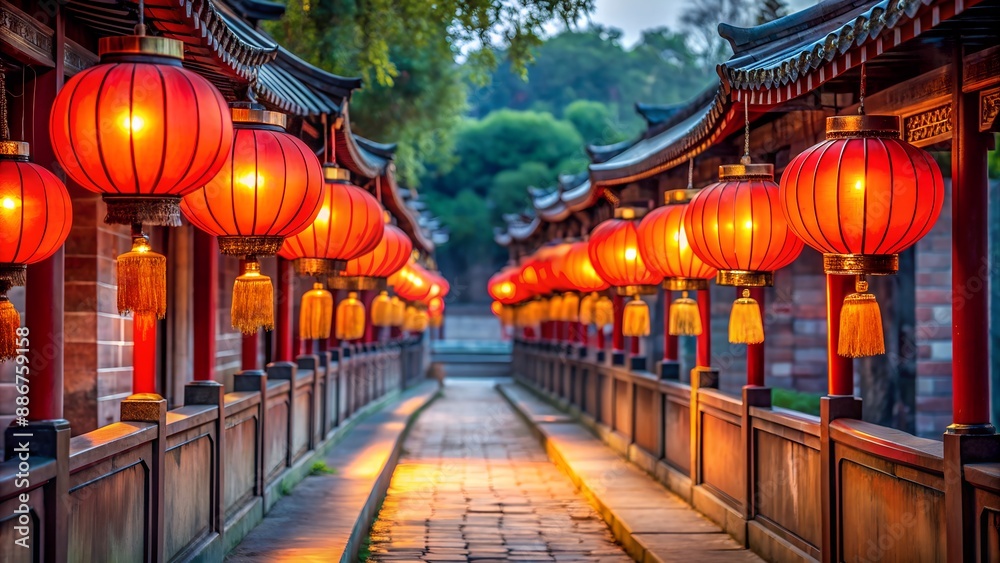 Red lanterns casting warm glow on the pathway leading to an ancient ...