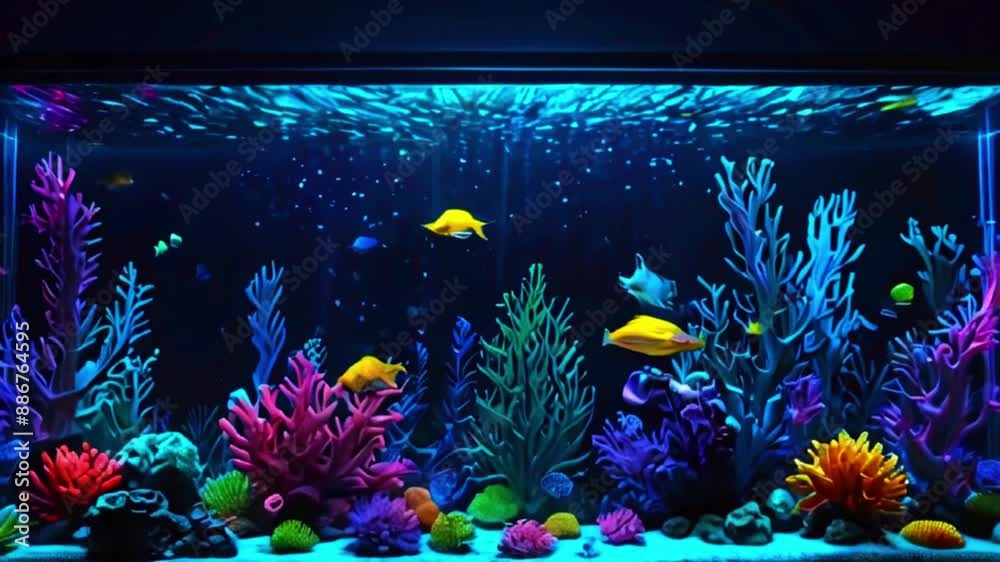 A digital aquarium filled with blue-hued aquatic life forms ...