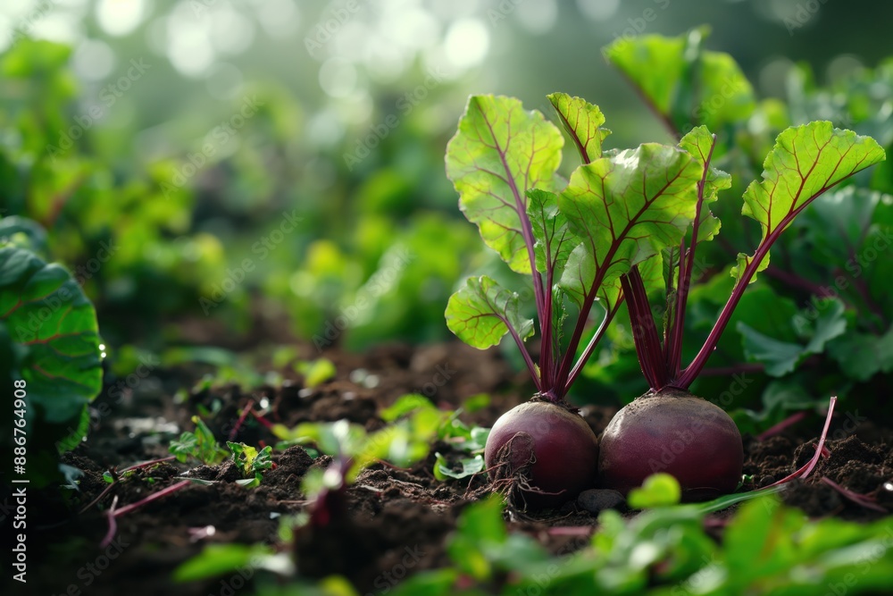 Garden scene with beet plants growing amidst rich green foliage. Two ...