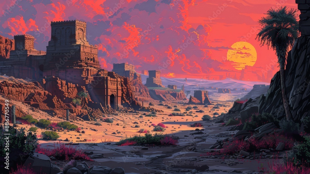 Pixel art depiction of a vast dune desert landscape, characterized by ...