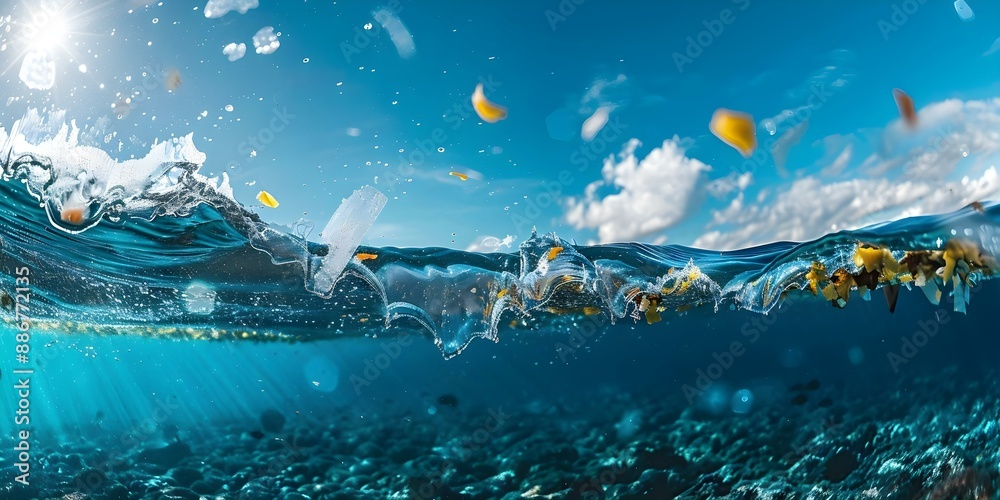 Ocean wave with plastic pollution seen from underwater blue sky above ...