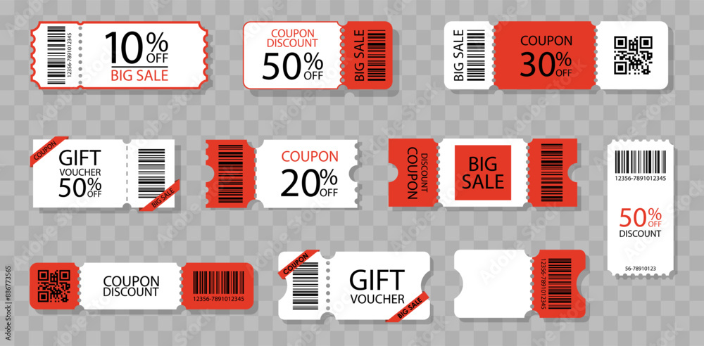 Voucher or coupon promotion illustration set with red shapes ...