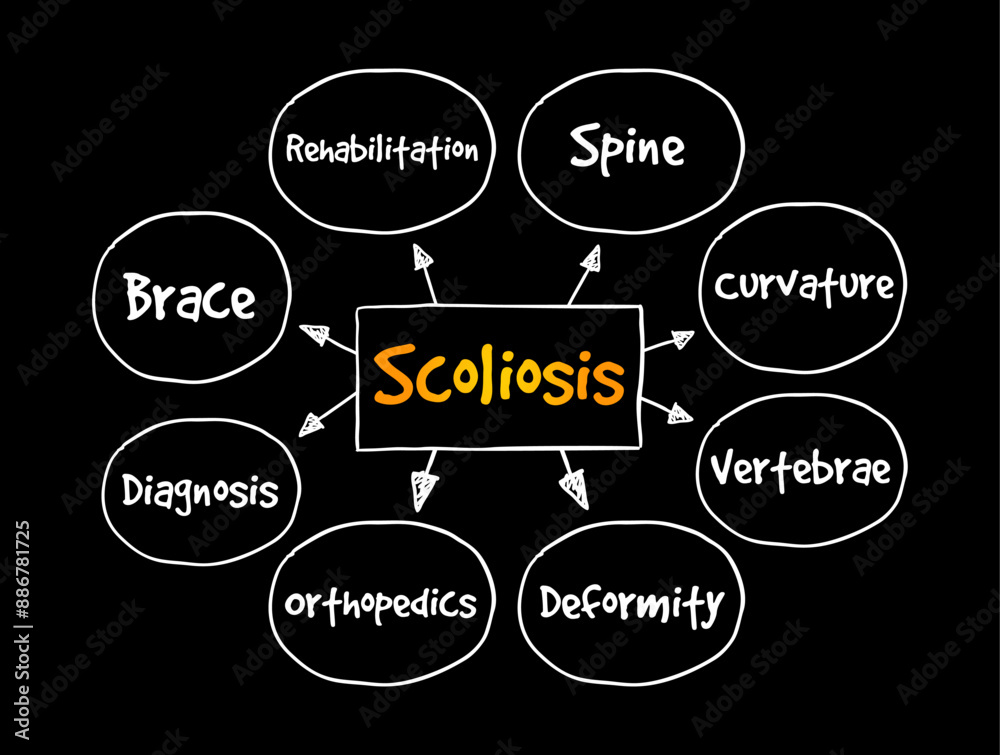 Scoliosis is an abnormal lateral curvature of the spine, mind map text ...
