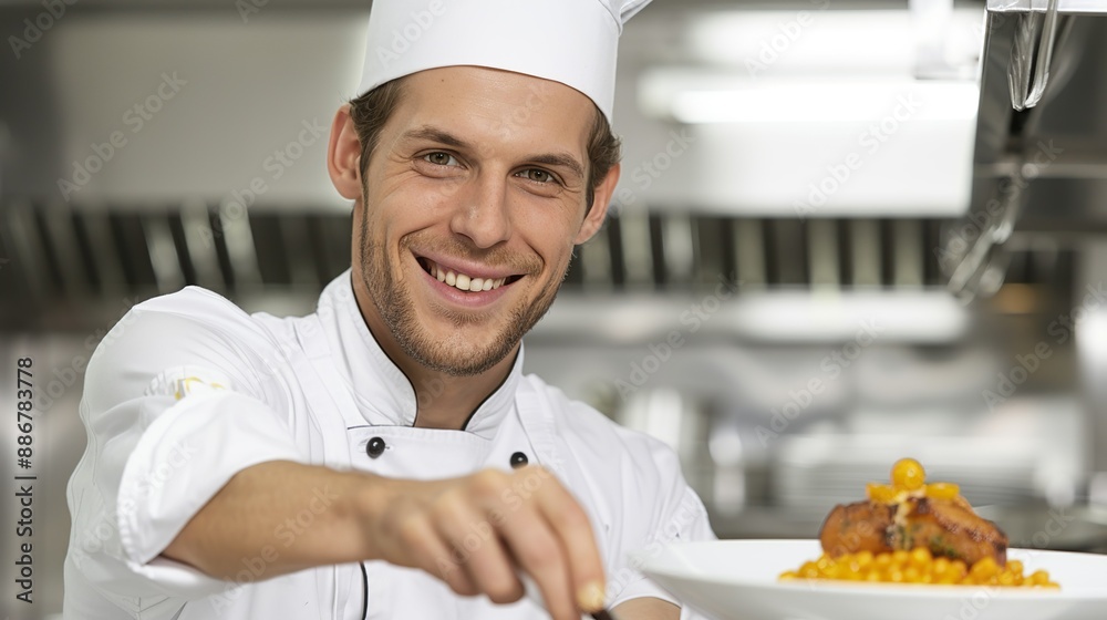 Happy chef in a professional kitchen preparing a gourmet dish with ...