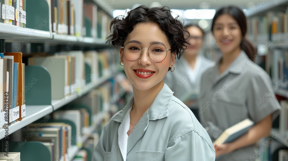 Content librarian in a library shelving books and assisting patrons ...