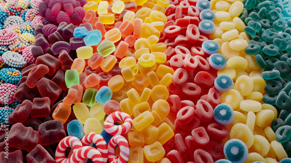 vibrant assortment of colorful gummy candies, neatly arranged in rows ...