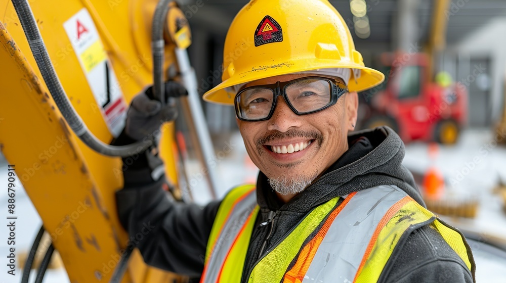Construction worker wearing a hard hat and safety vest smiling while ...