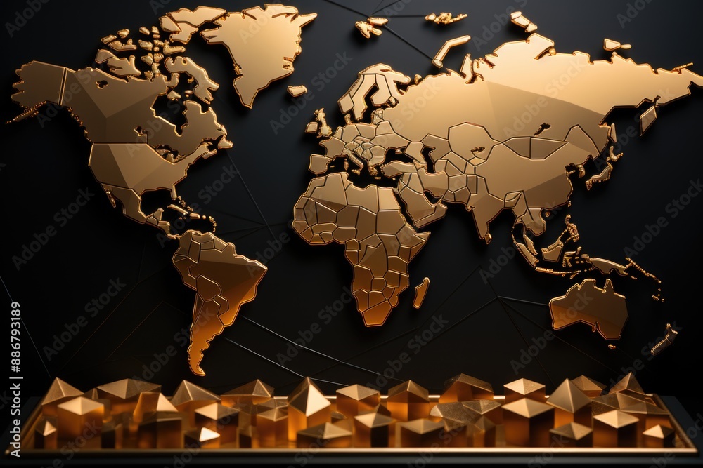 3D Map of the Gold World Bright Map Hippsometric Gold Metal in Black ...