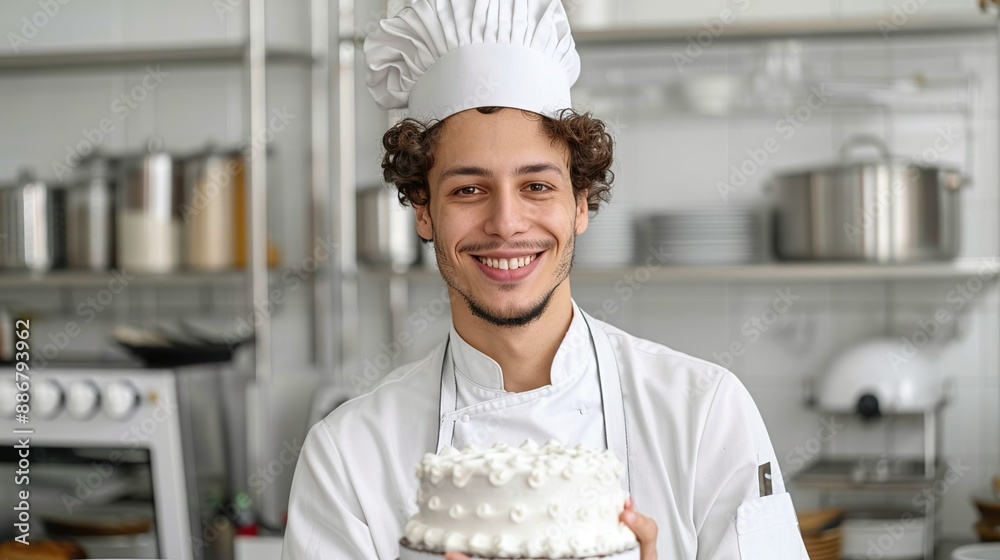 Chef in a bakery smiling while decorating a cake in a beautifully ...