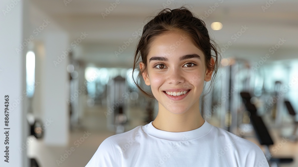 Fitness trainer smiling while demonstrating exercises in a gym setting ...