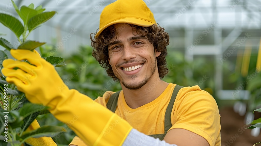 Gardener smiling proudly while tending to plants in a beautiful garden ...
