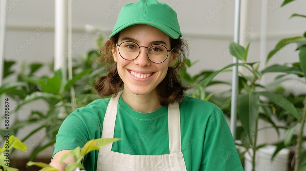 Gardener smiling proudly while tending to plants in a beautiful garden ...