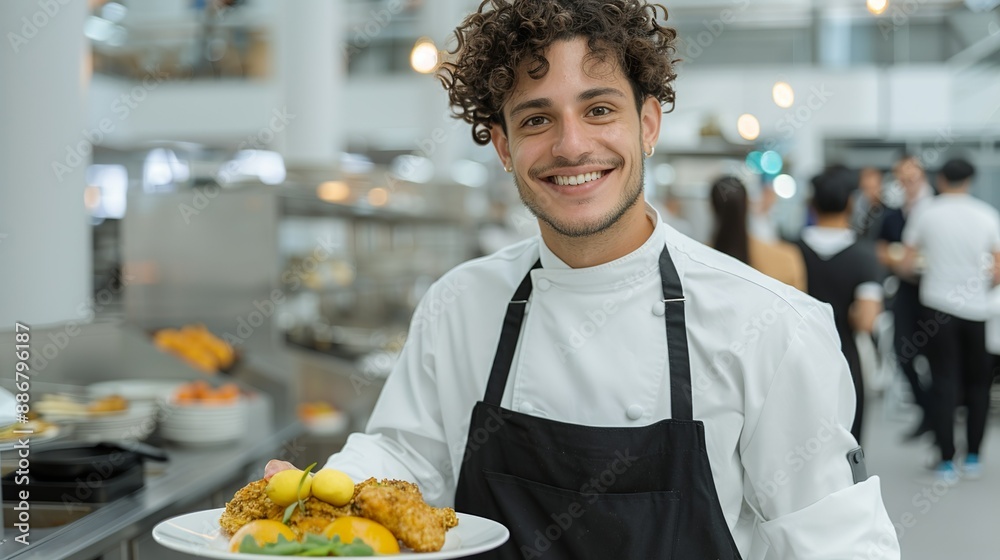 Waiter smiling while serving food in a bustling restaurant representing ...