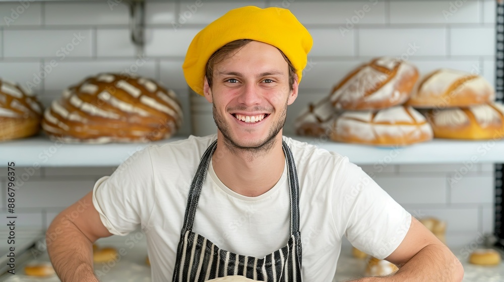 Baker smiling while kneading dough in a cozy bakery representing ...
