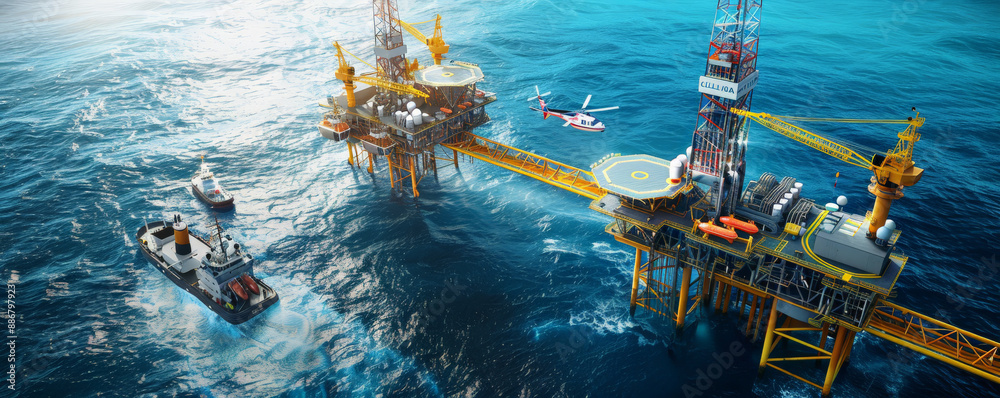 A bustling offshore oil rig drilling platform with helicopters landing ...
