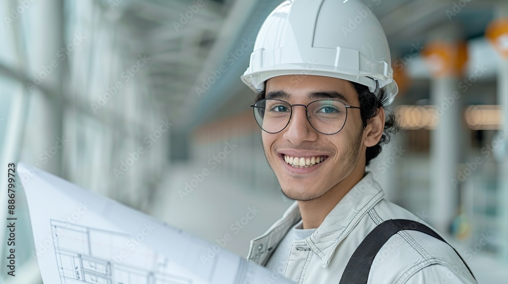 Arab engineer in a hard hat smiling while reviewing blueprints on a ...