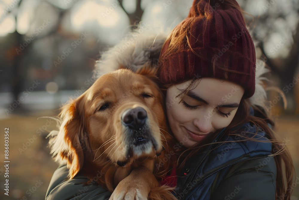 Adorable moment of a young owner enjoying the affection of her Golden ...