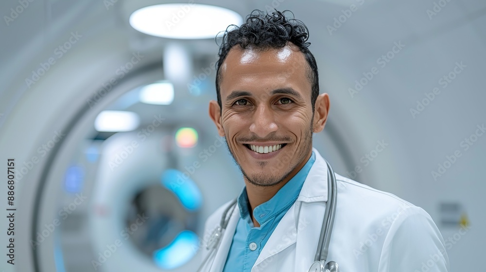Arab doctor smiling while diagnosing a patient in a state-of-the-art ...