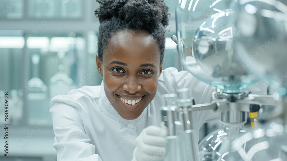African scientist smiling while examining samples in a cutting-edge lab ...