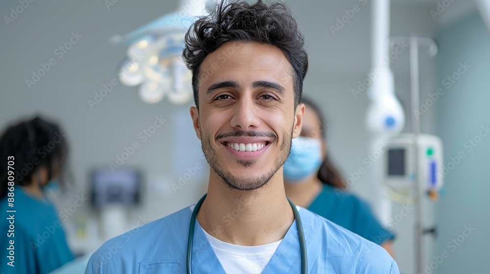 Arab doctor smiling while conducting a medical procedure in a modern ...