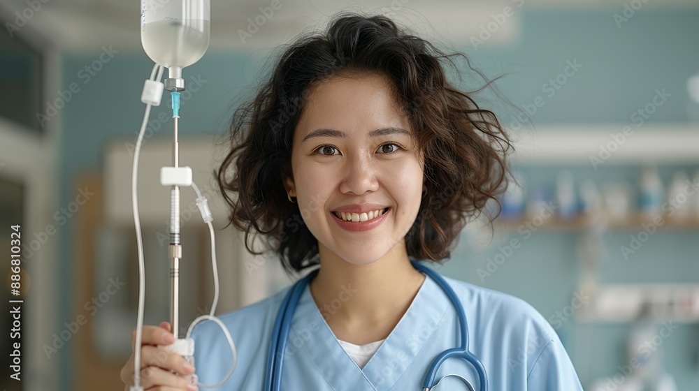 Asian nurse smiling while preparing an IV in a healthcare facility ...