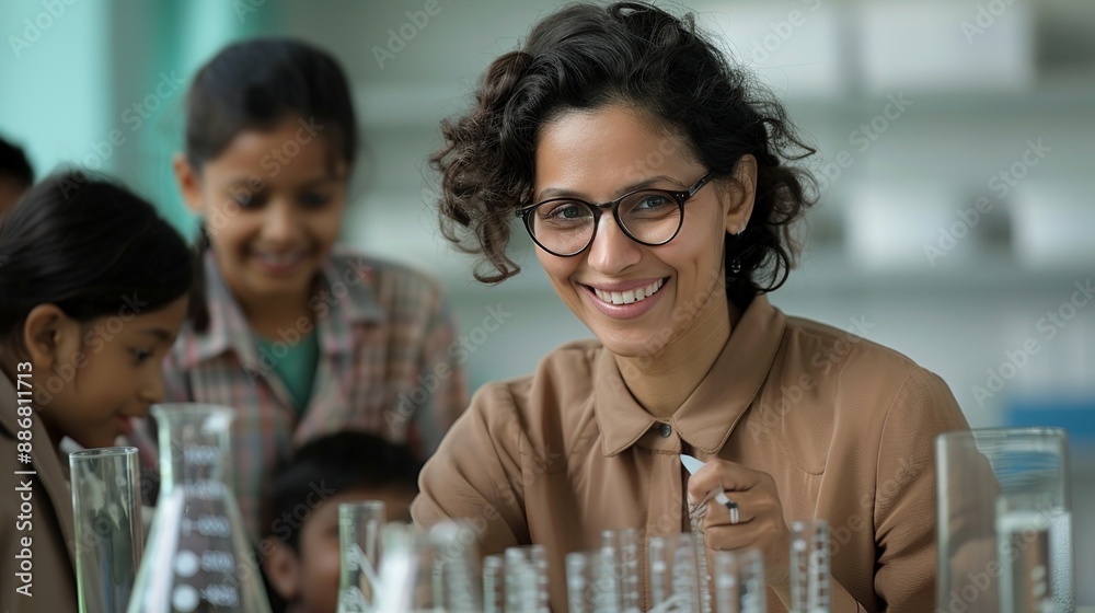 Indian teacher smiling while guiding students in a science experiment ...